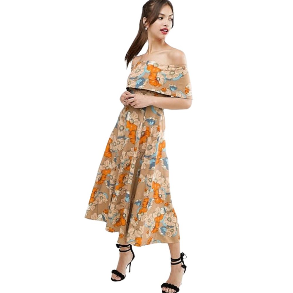 New Asos Gold Floral Retro 70's Off Shoulder Bardot D… - Gem